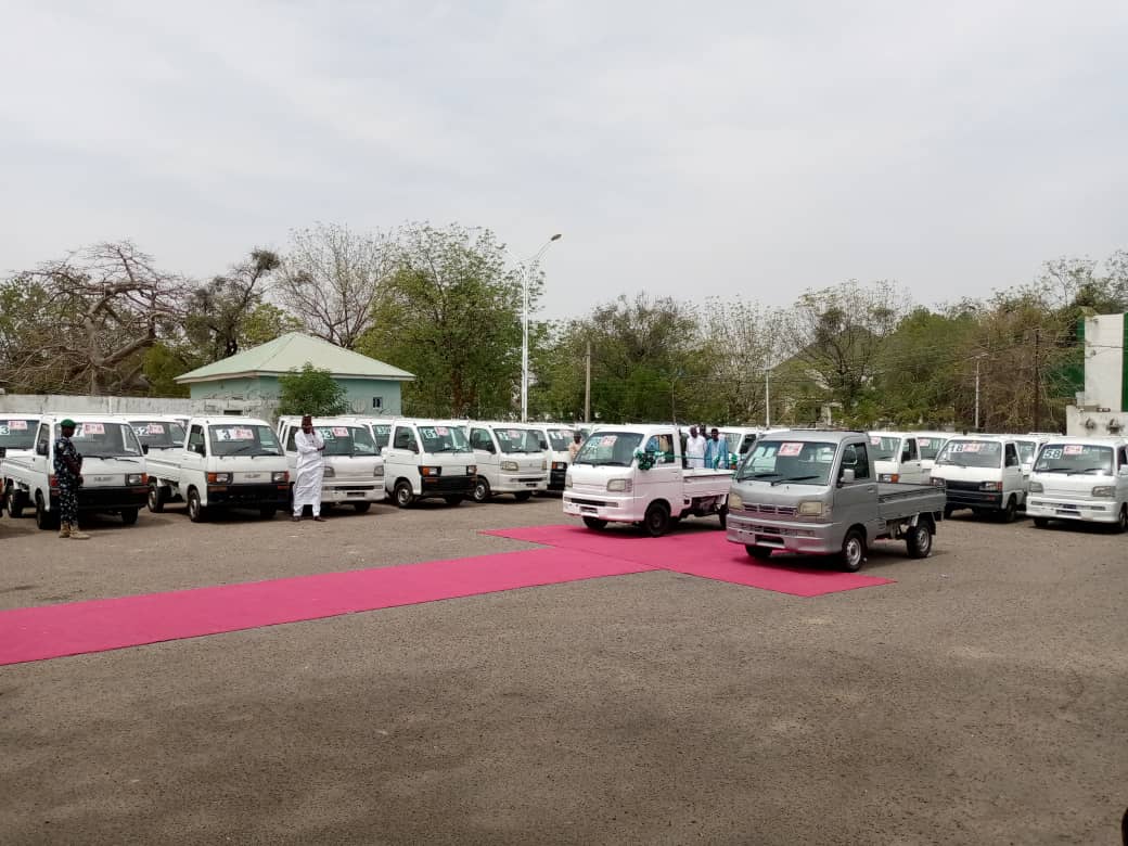 Empowerment: Zulum unveils 110 mini trucks donated by Senator Monguno ...